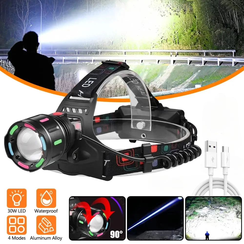 Powerful 30W LED Headlamp with Fluoresce Flashlight Zoom Waterproof ...