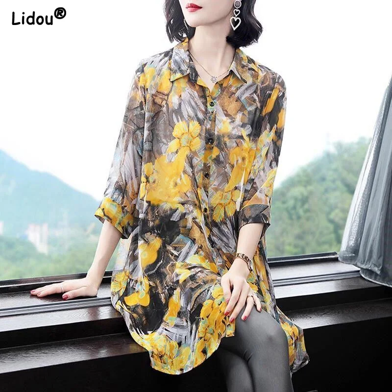 Long-Blouses-Printing-Button-Loose-Beach-Style-Turn-down-Collar ...