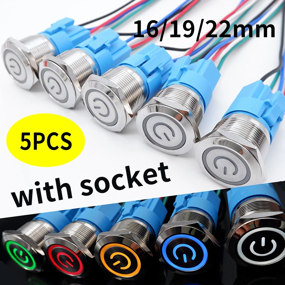 5PCS-16-19-22MM-Waterproof-Metal-Push-Button-Switch-LED-Light-Momentary ...