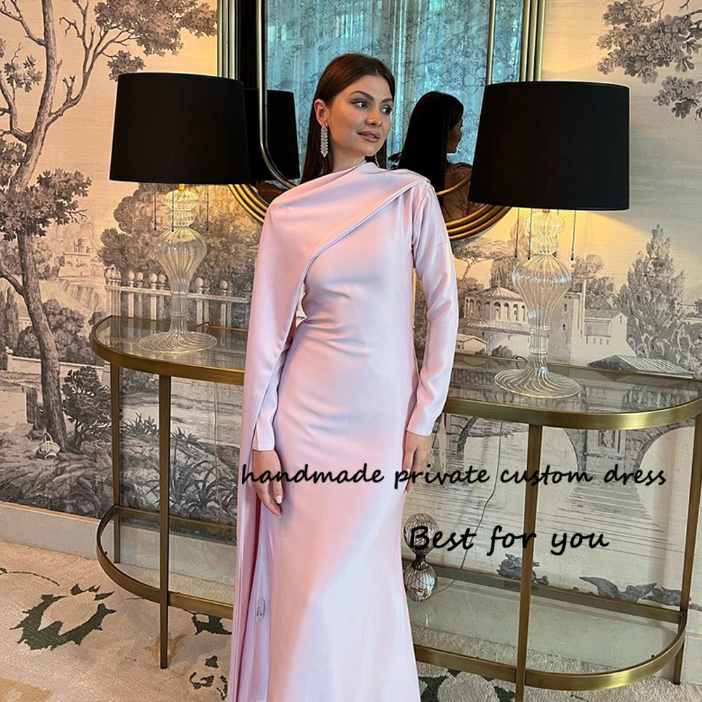 Light-Pink-Satin-Mermaid-Evening-Dresses-Long-Sleeve-Arabian-Dubai ...