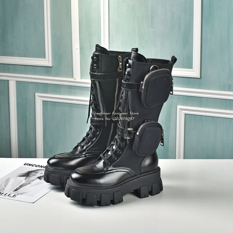 Genuine-Leather-Zip-Pocket-Tall-Combat-Boots-Black-Platform-Knee-High ...