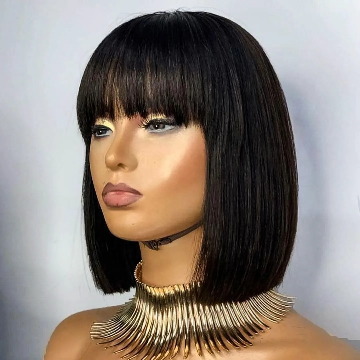 Blunt Cut Straight Bob Wig Peruvian Human Hair Wigs With Bangs Full ...