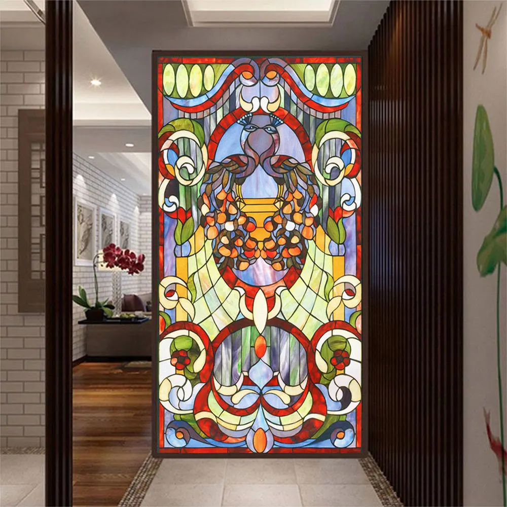 Church-style-Window-Privacy-Glass-Film-Peacock-Pattern-Frosted-Glass ...
