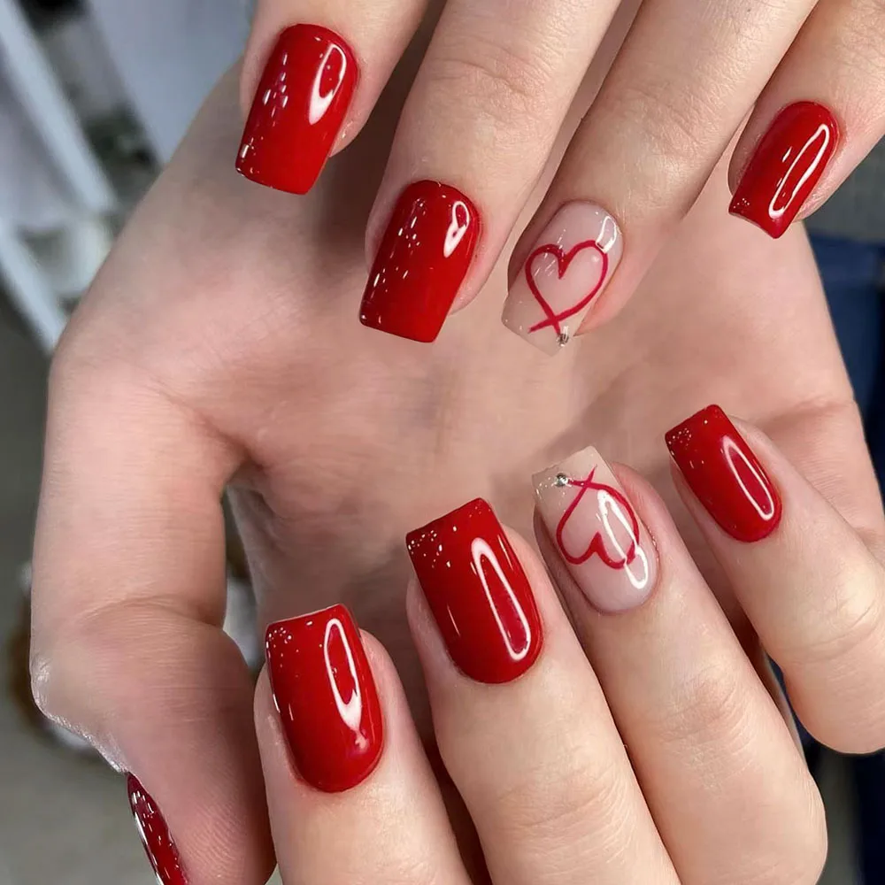 24-pieces-of-short-square-nail-tips-with-red-heart-designs-full ...
