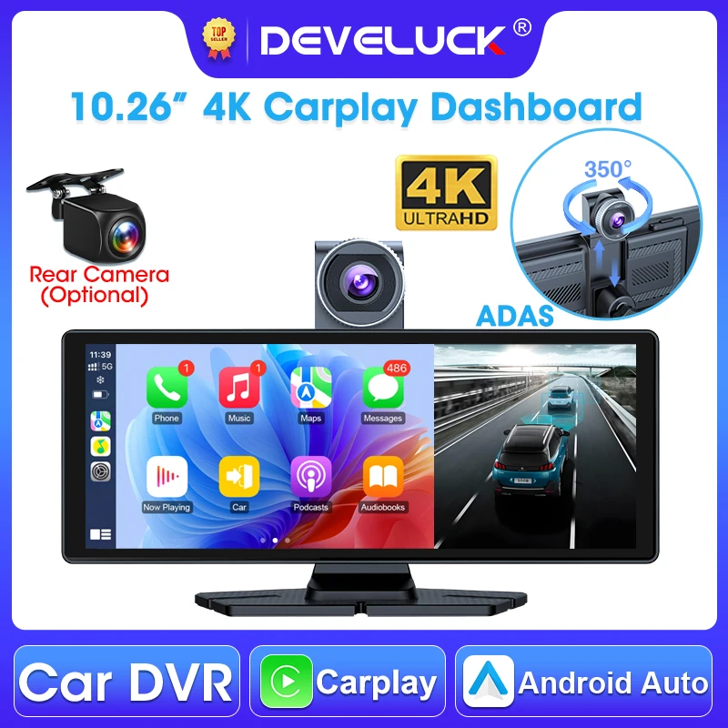 Develuck 10.26" ADAS Car DVR Dash cam 4K Front and Rear Camera Carplay ...