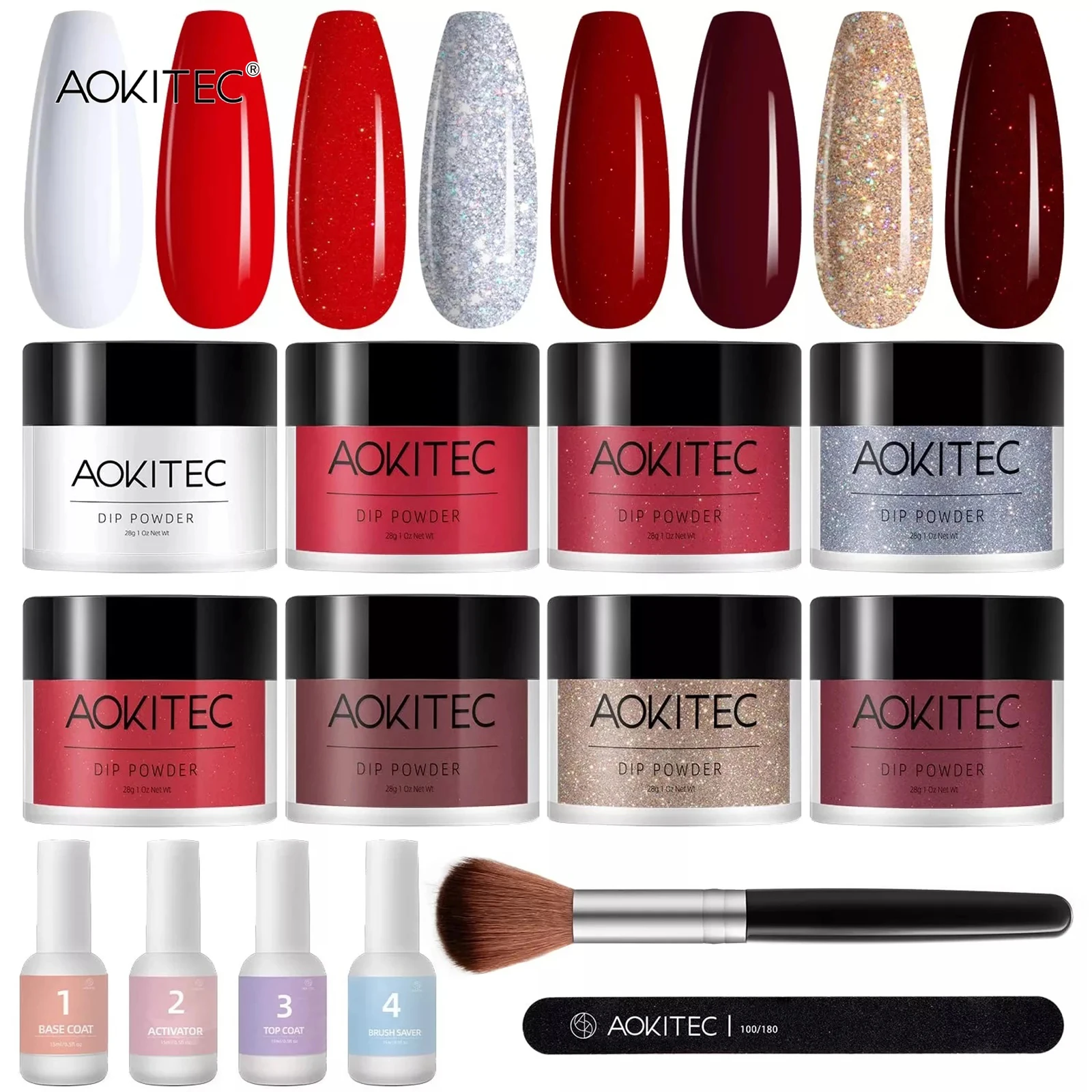 Dip Powder Nail Kit ,aokitec Red Series Brush Set Pastel Glitter ...