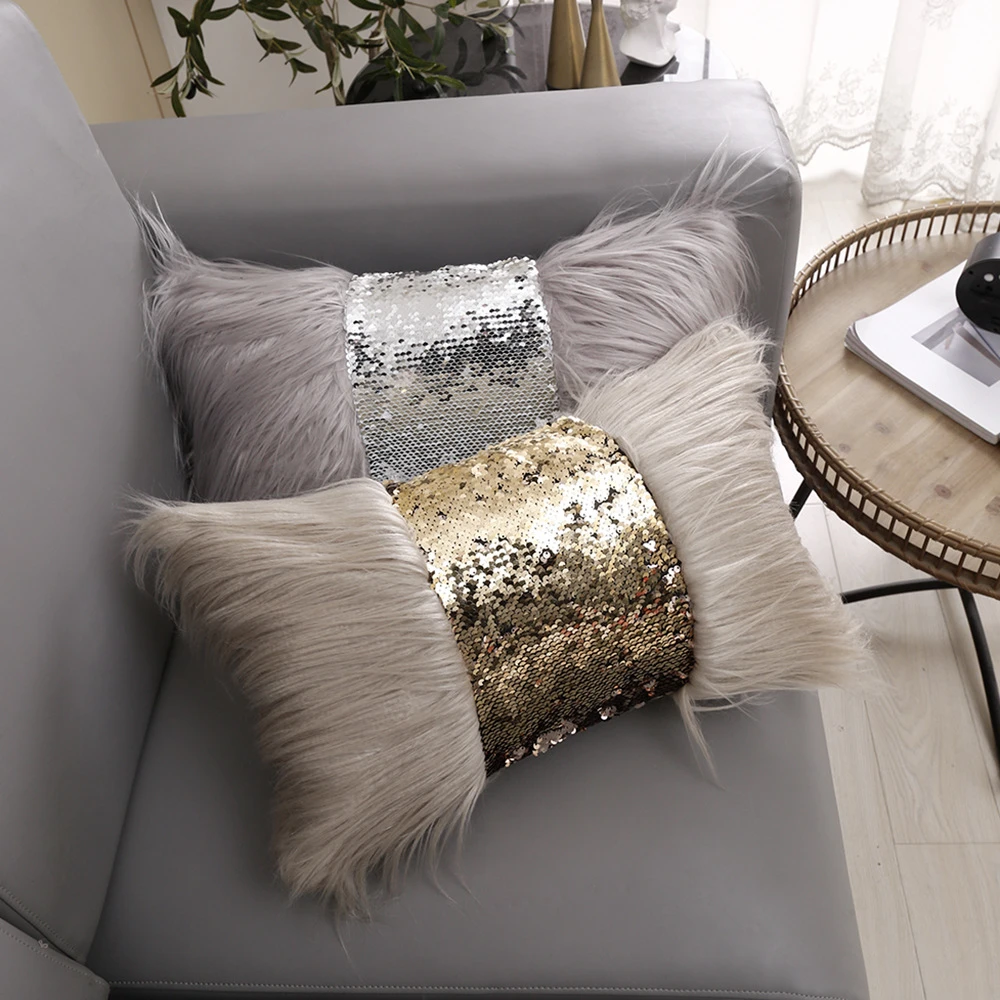 Luxury Sequin Fur Cushion Cover 30x50cm For Sofa Decorative Pillow ...