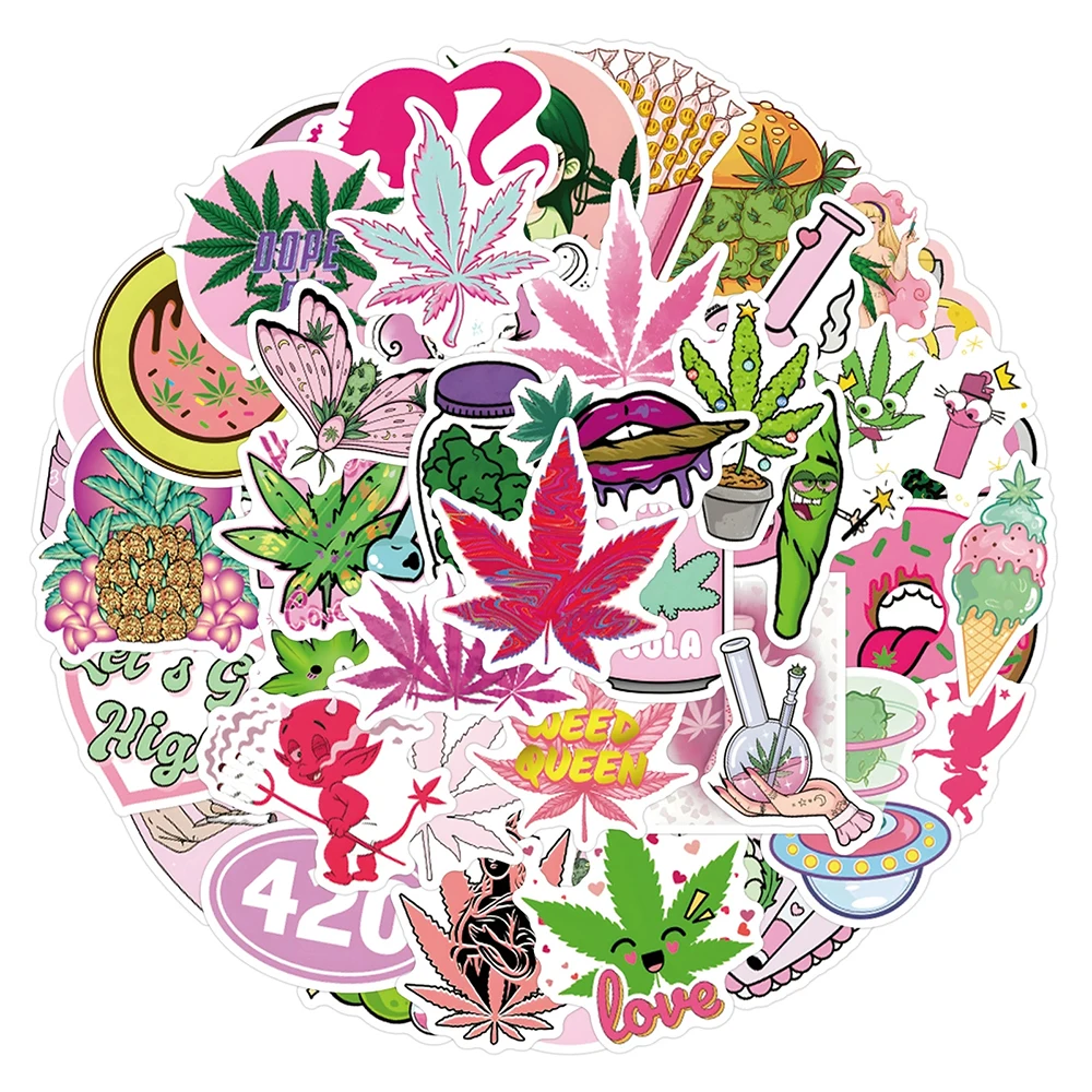 10/30/50/110pcs Cool Pink Cute Cartoon Weed Leaves Spoof Stickers ...