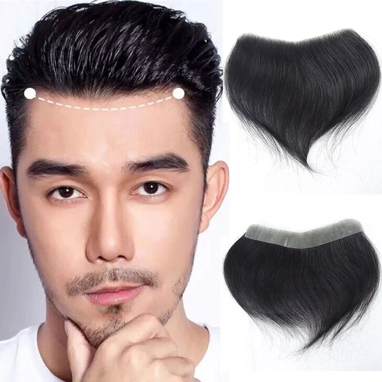 Natural-Black-Human-Hair-Toupee-Men-Forehead-Hairpiece-Patch-Invisible ...