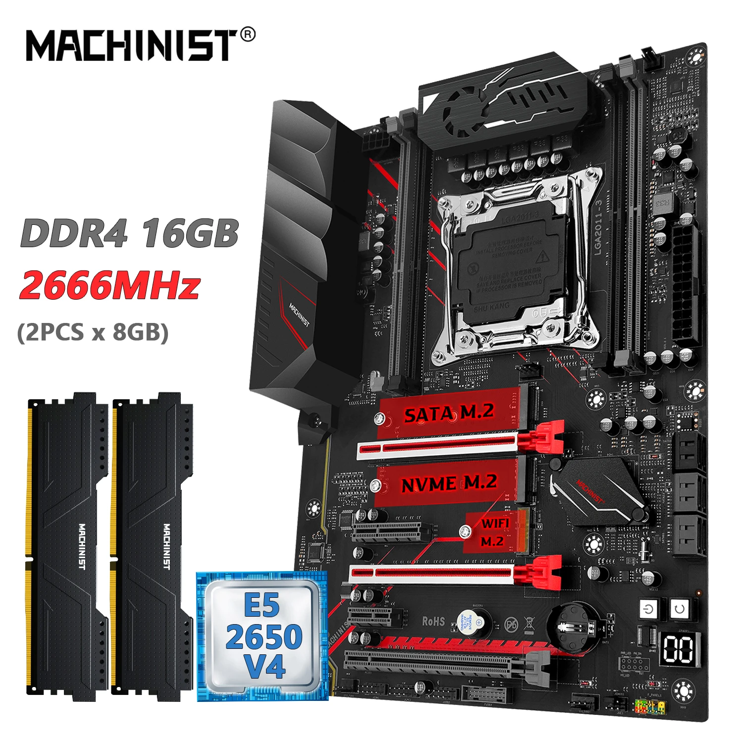 MACHINIST 마더보드 콤보 LGA 2011 3 세트 키트, 인텔 제온 E5 2650 V4 CPU DDR4 16GB RAM ...