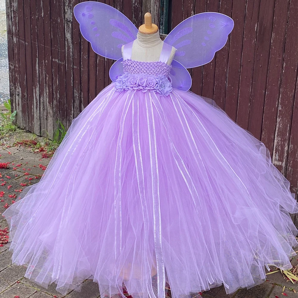 Girls Lavender Fairy Dress Kids Crochet Flower Tutu Dress Ball Gown ...