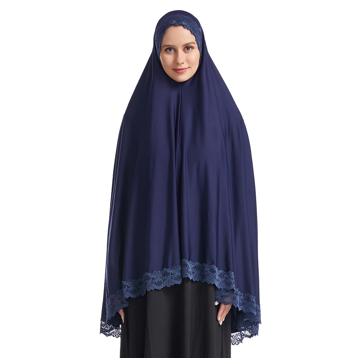 Women Muslim Prayer Long Khimar Lace Trim Stretchy Hijab Islamic Veils ...