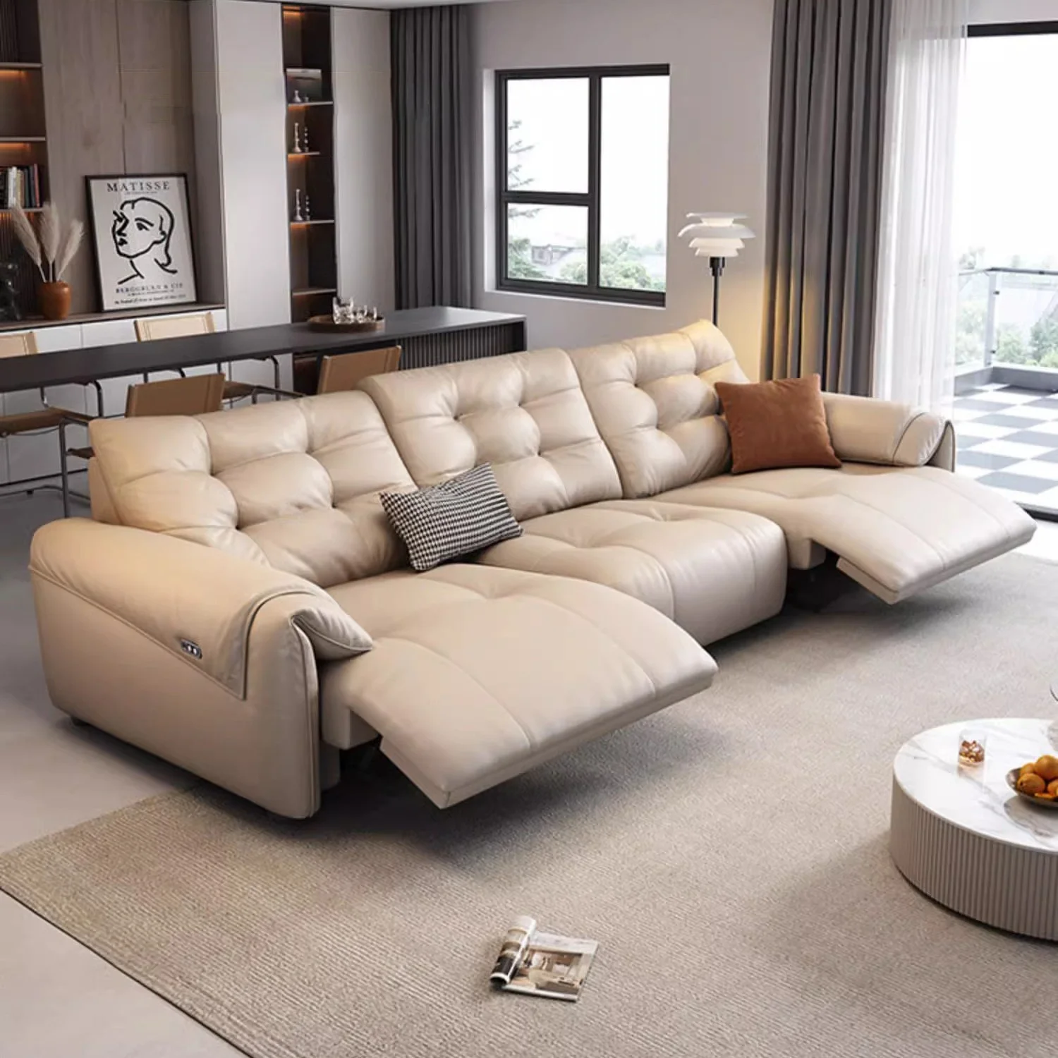 Automatic Retractable Adjustable Genuine Leather Sectional Sofa Set ...