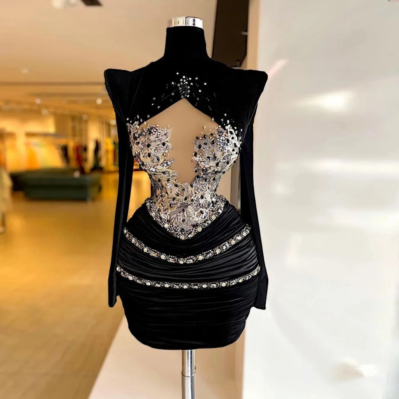 Unique-Elegant-Short-Prom-Dresses-Long-Sleeves-High-Neck-Appliques ...