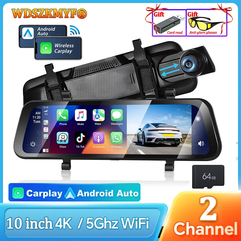 4K-Dash-Cam-for-Cars-10Inch-Rearview-Mirror-Dashcam-Carplay-Android ...