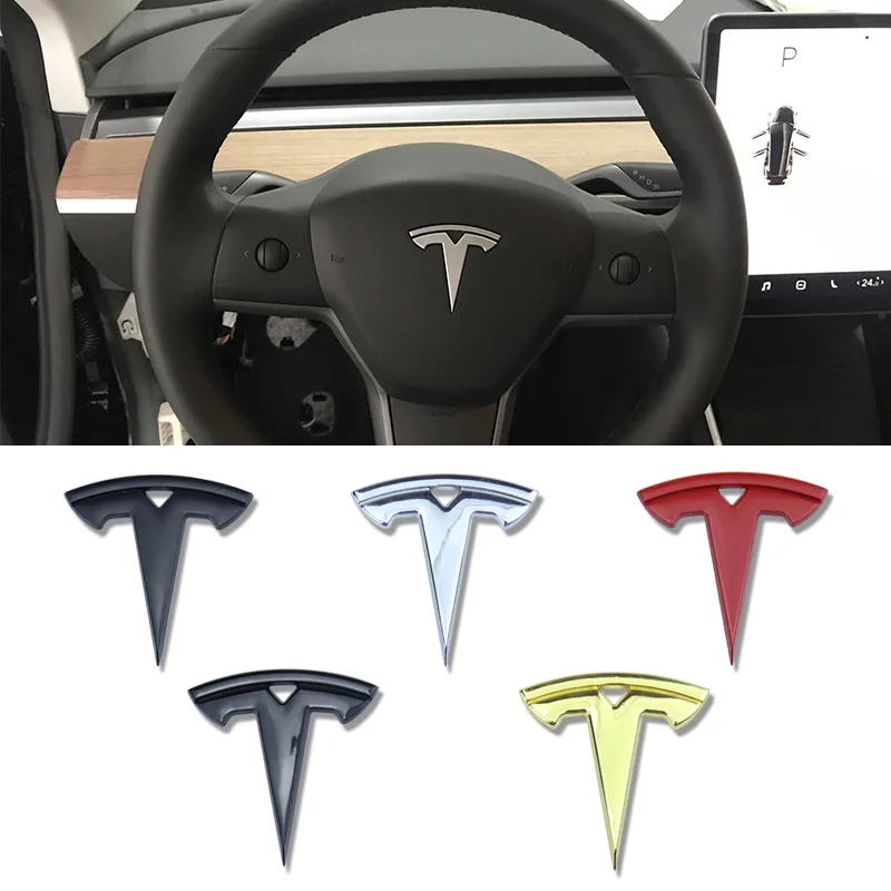 Steering Wheel Logo Sticker For Tesla Model 3 Y Emblems Carbon Fiber ...