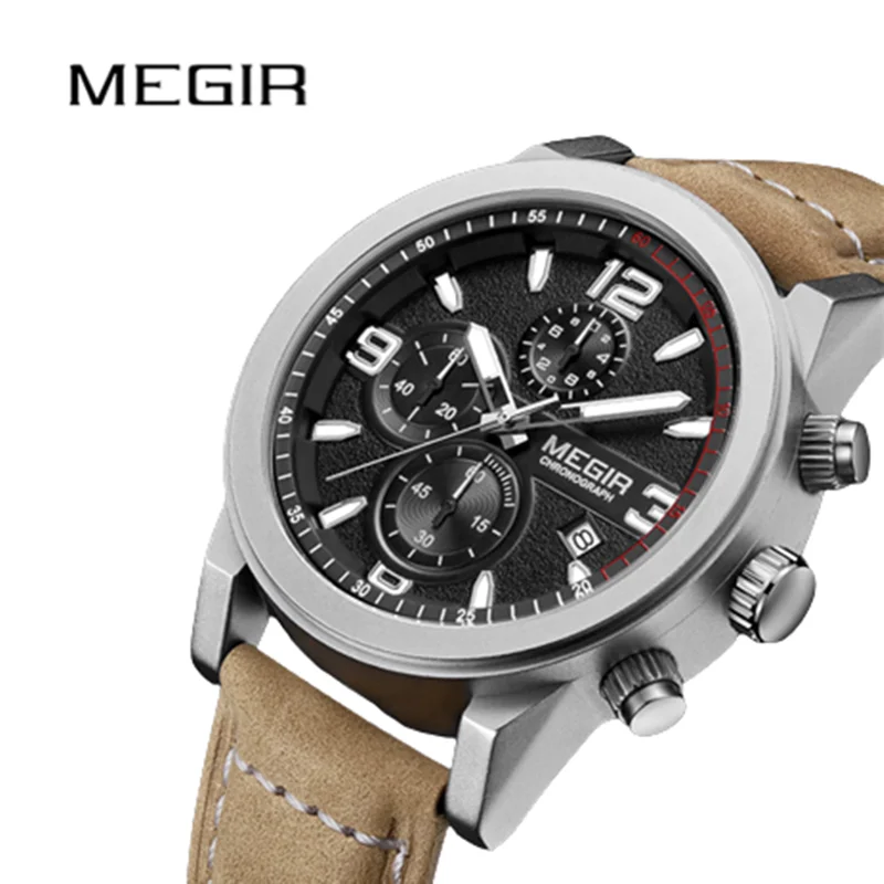 MEGIR Brand Luxury Watch Men's Sport Watches Leather Strap Watch Quartz ...