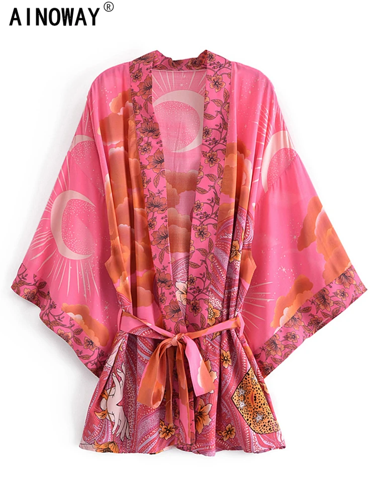 Star-and-Moon-Floral-Print-Sashes-Bohemian-Kimono-Women-V-Neck-Batwing ...