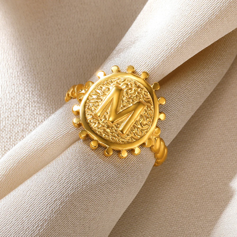Anillos-con-iniciales-de-disco-redondo-de-Color-dorado-personalizados ...