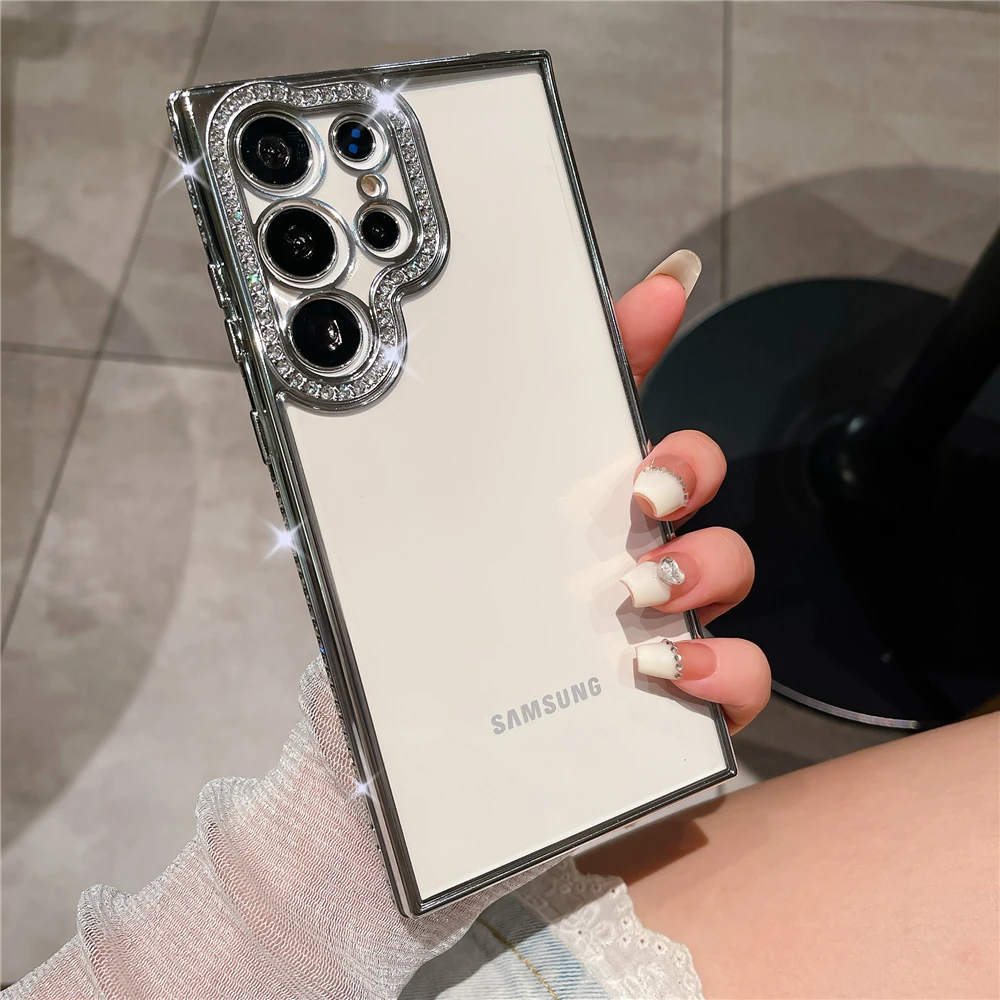 Luxury-Plating-Glitter-Diamond-Frame-Transparent-Case-For-Samsung-S23 ...