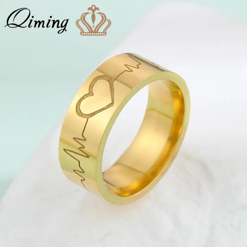 QIMING Engraving Heart Beat Wedding Band Rings For Women Love Heart EKG ...