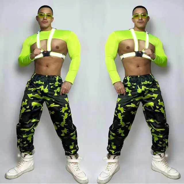 Fluorescence-Green-Tops-Camouflage-Pants-Reflective-Straps-Outfit ...
