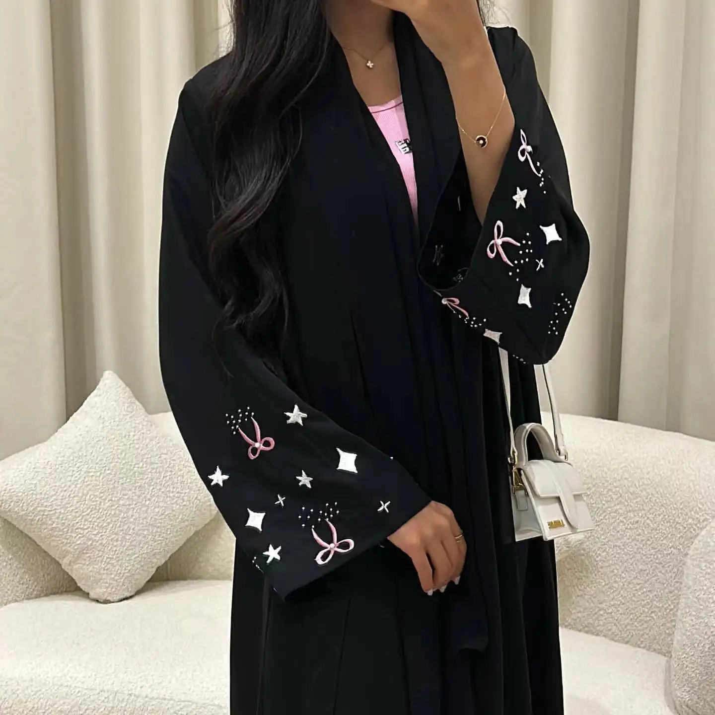Ramadan Muslim Modest Dress for Women Eid Bowknot Embroidery Open Abaya ...