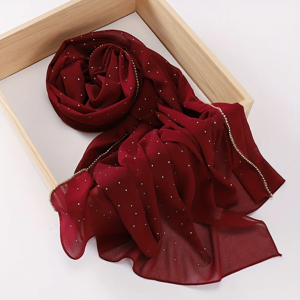 Rhinestone Edge Chiffon Hijab Elegant Thin Breathable Sunscreen Head ...