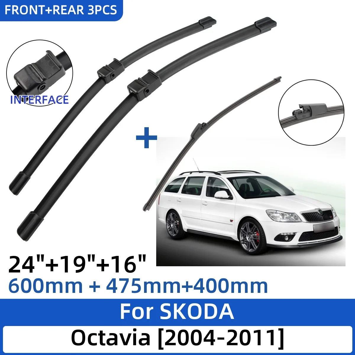 3PCS For SKODA Octavia 2004-2011 24"+19"+16" Front Rear Wiper Blades ...