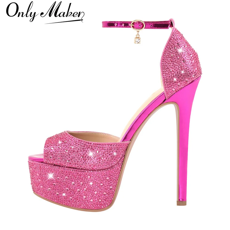Onlymaker-Women-Pink-Rhinestone-Round-Toe-Platform-Pumps-Thin-High ...