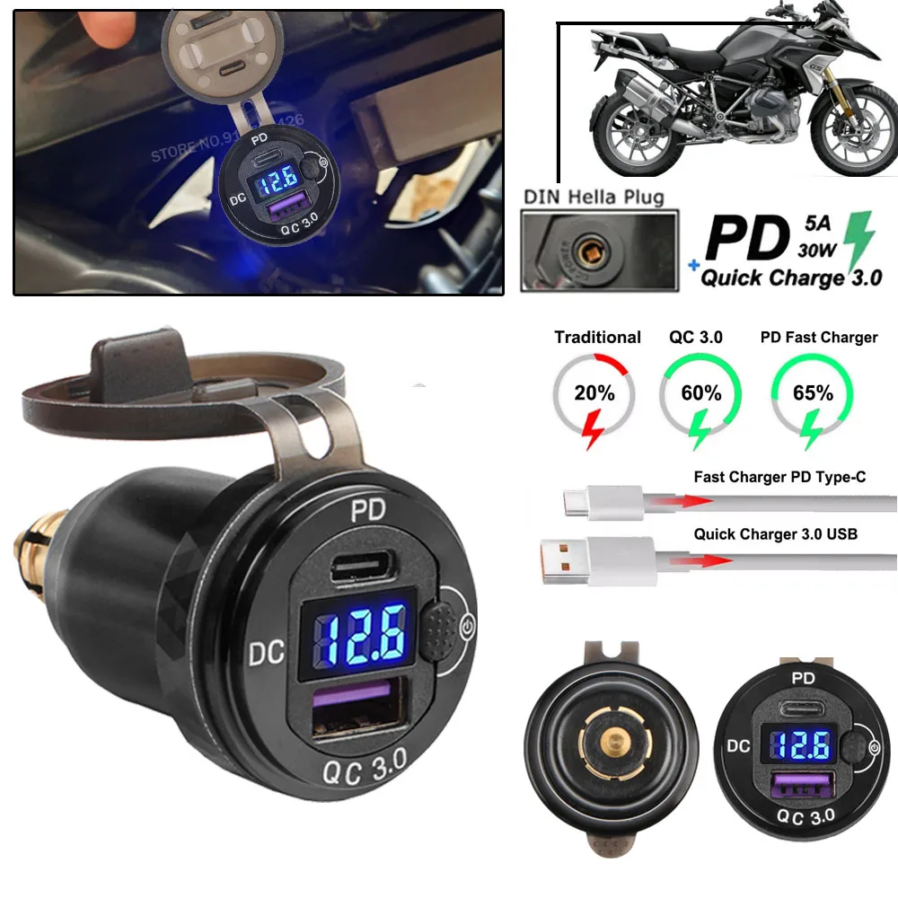 LED Power Type-C Adapter For BMW S1000XR 30W PD QC3.0 12V Motorcycle ...