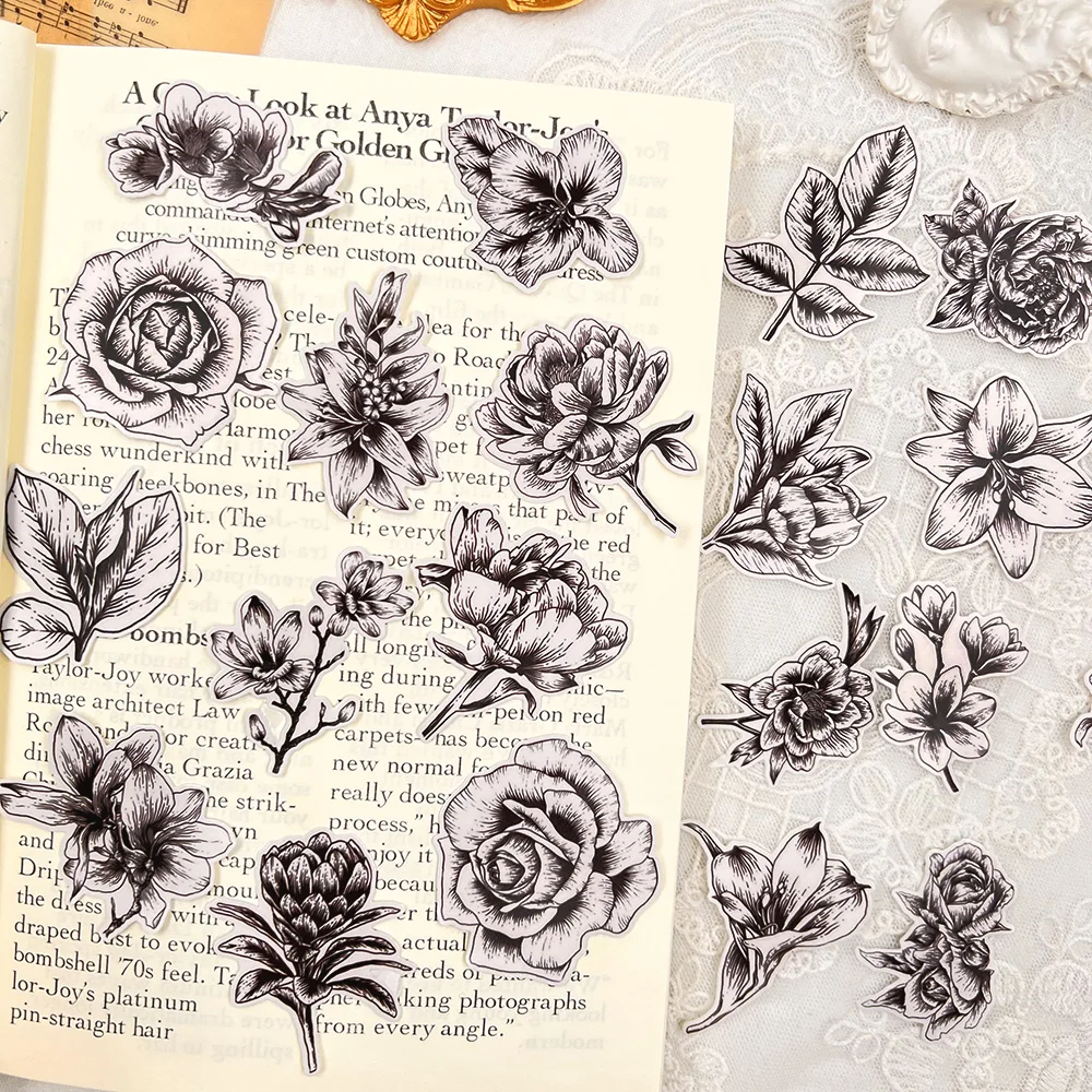 Vintage Black White Flower Stickers DIY Scrapbooking Diary Photo Album ...