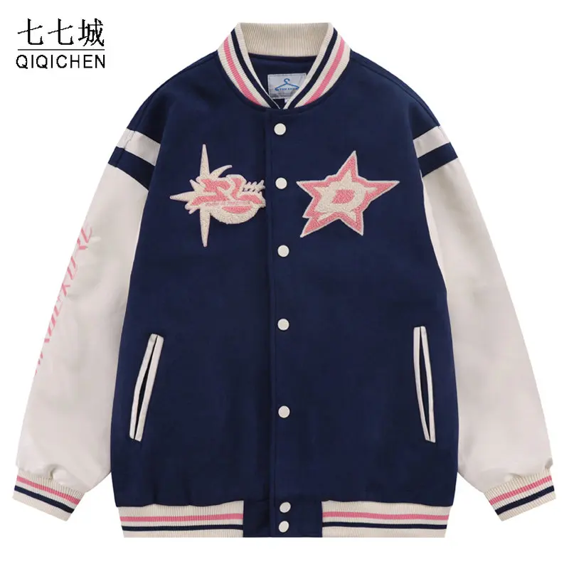 High-Street-Baseball-Jackets-Men-Flocked-Star-Embroidered-Patchwork ...
