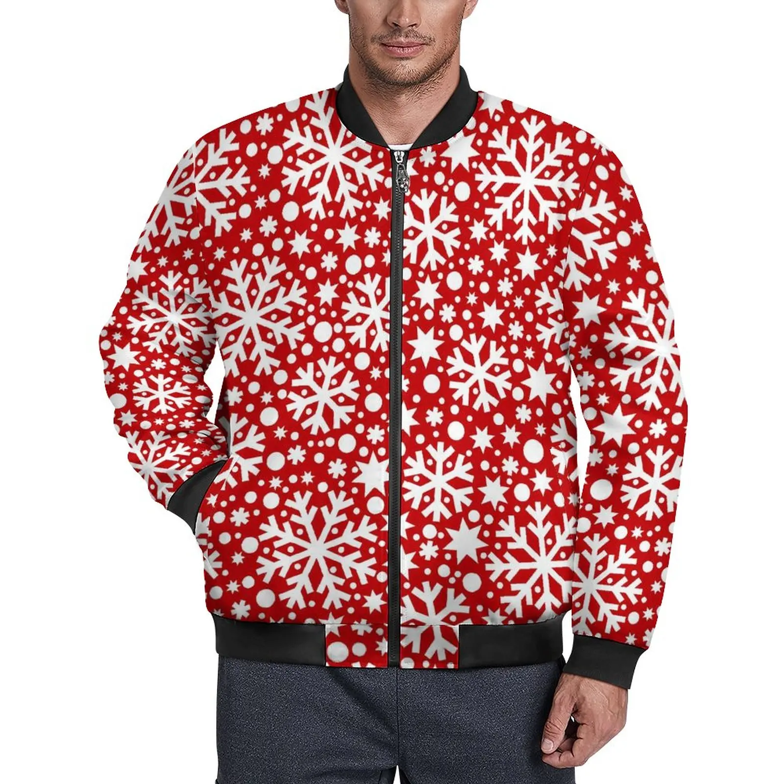 Christmas Snowflake Jackets Men Red White Winter Coats Retro Zipper ...