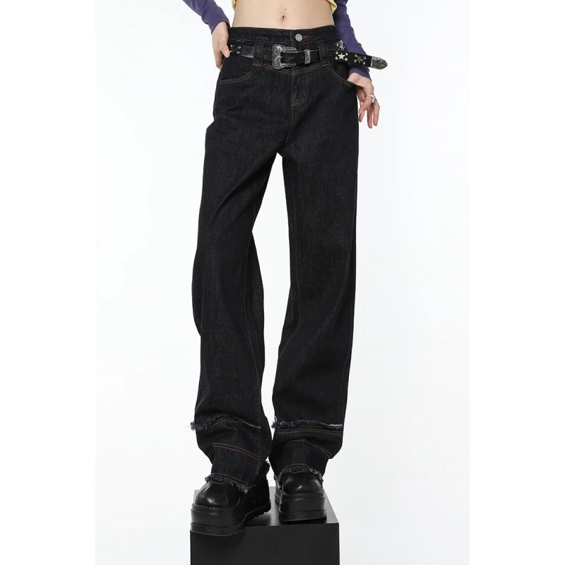 하이 웨스트 스플라이싱 청바지 여성용 빈티지 아메리칸 패션 스트리트 스타일 와이드 레그 진 데님 바지 헐렁한 팬츠 흑인
