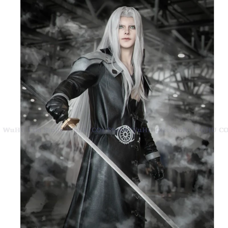 FF7-Sephiroth-Cosplay-Costume-Black-Fantasy-Leather-Coat-Long-Grey-Wig ...