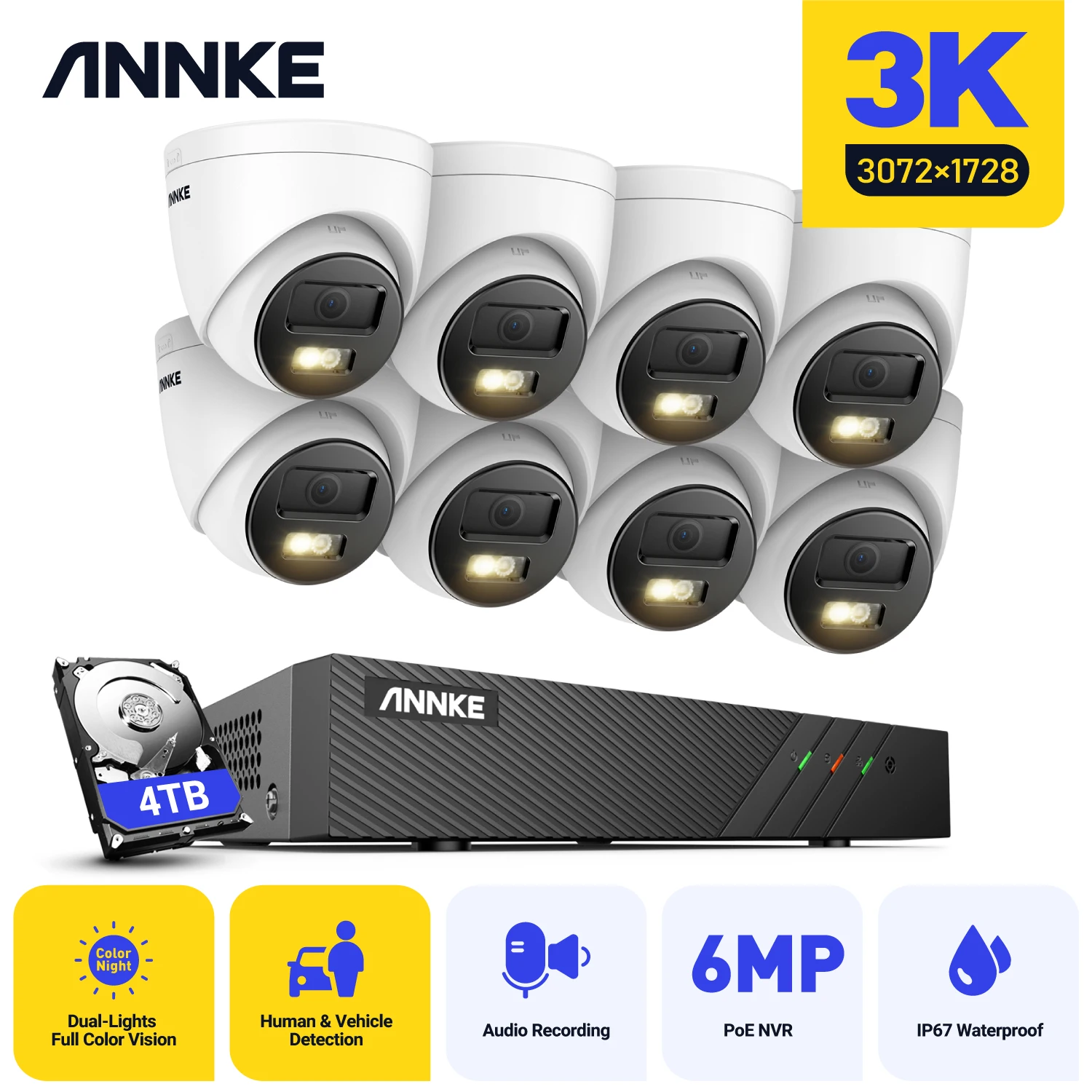 Annke 3K 6MP Security Video Surveillance Cameras H.265+ Human Tracking ...