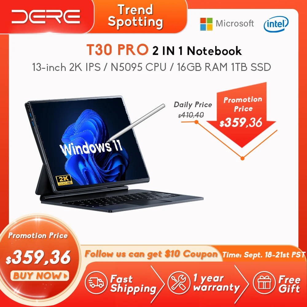 Dere T30 Pro Tablet Mini Laptop 13 inch 2 in 1 Intel N5095 16GB+1TB 2K IPS Touch Screen Tablet ...