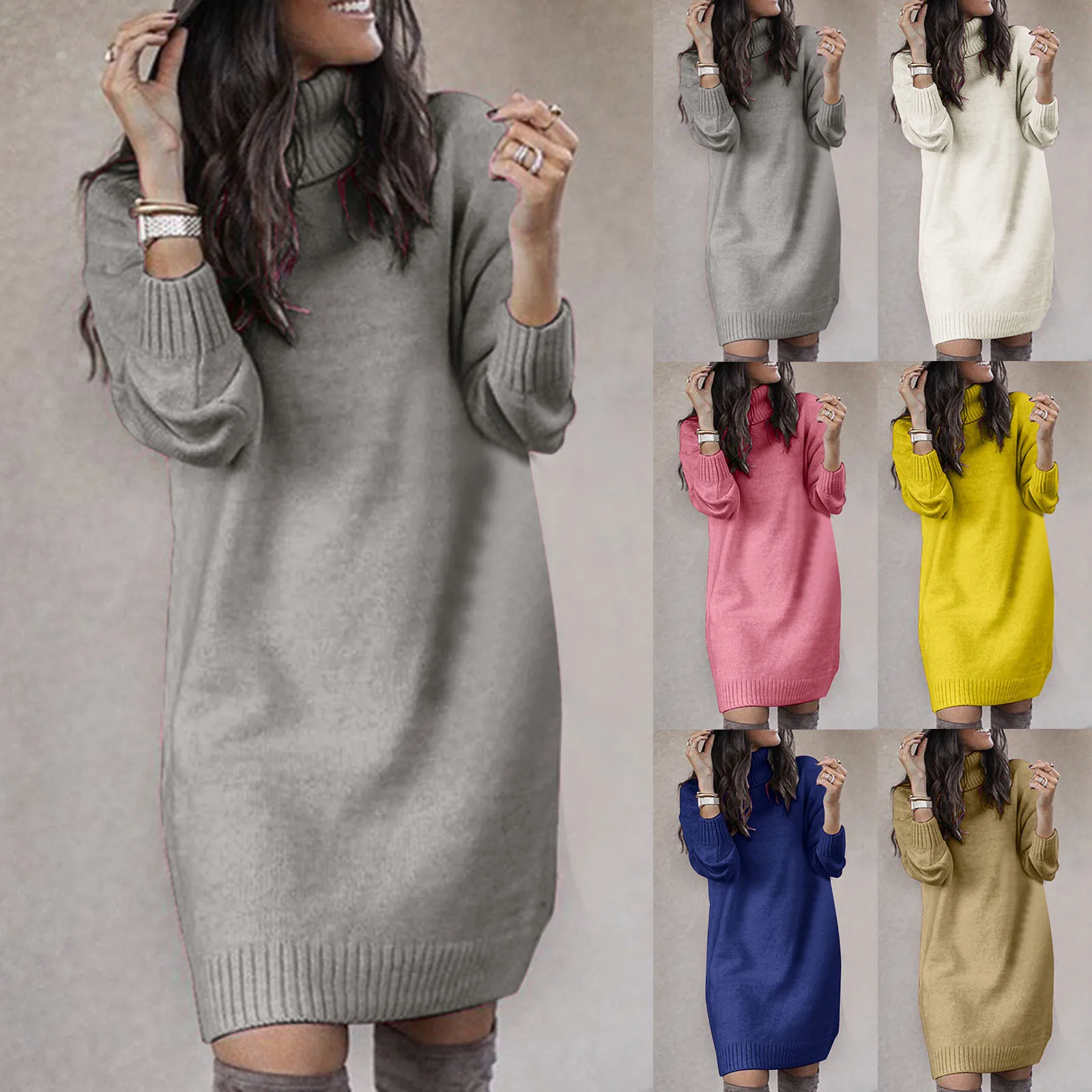 Winter-Women-S-Sweater-Dress-Solid-Color-High-Collar-Sundress-Casual ...