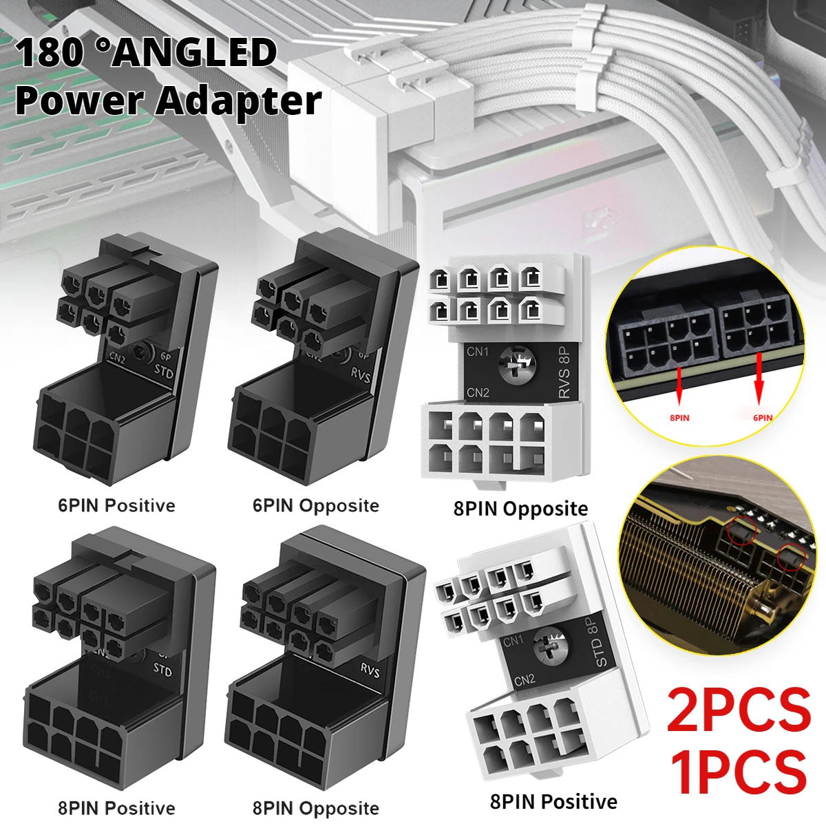 2-1PCS-ATX-6-8PIN-Female-to-Male-180-Degree-Angled-Power-Adapter-for ...