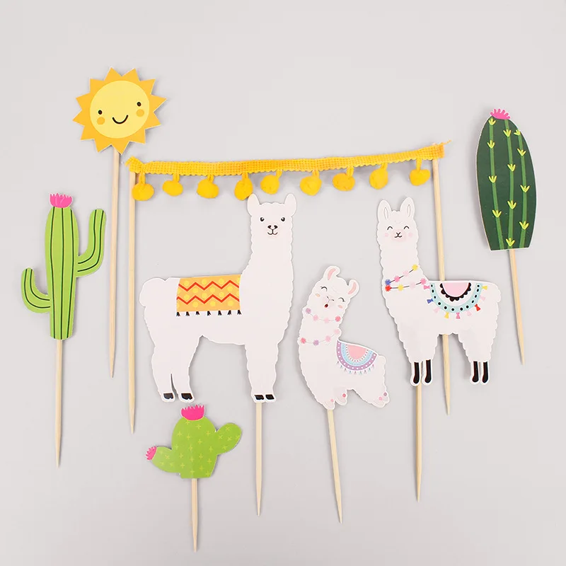 8pcs/set Desert Oasis Sun Cactus Alpaca Cake Topper Baking Decoration