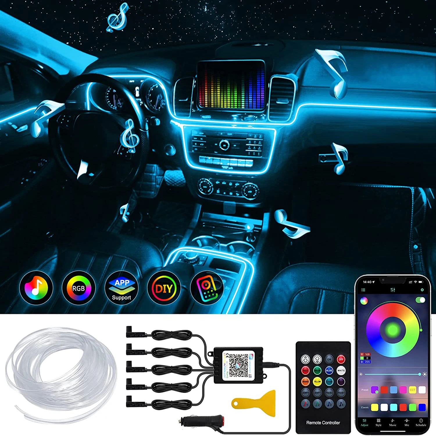 5IN1 6IN1 Neon LED Car Interior Ambient Light Fiber Optic EL Wire Strip ...