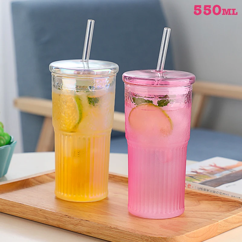 550ml-color-Glass-Cup-With-Lid-and-Straw-Transparent-Bubble-Tea-Cup ...