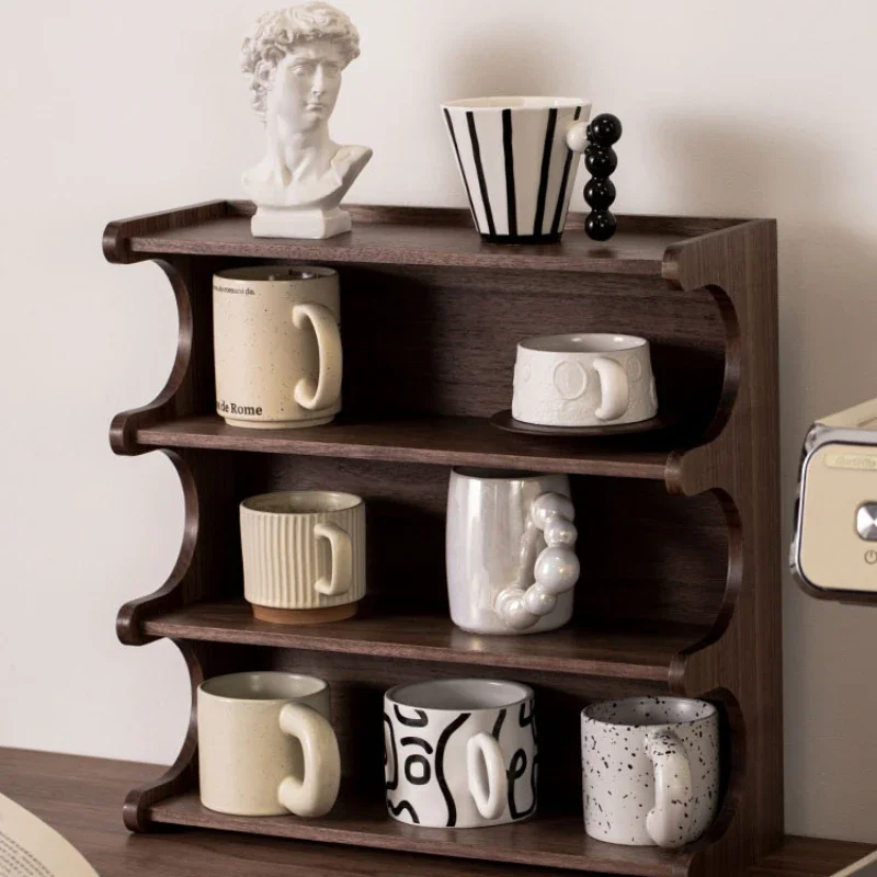 Curved-Three-layer-Cup-Holder-Black-Walnut-Storage-Rack-Desktop-Open ...