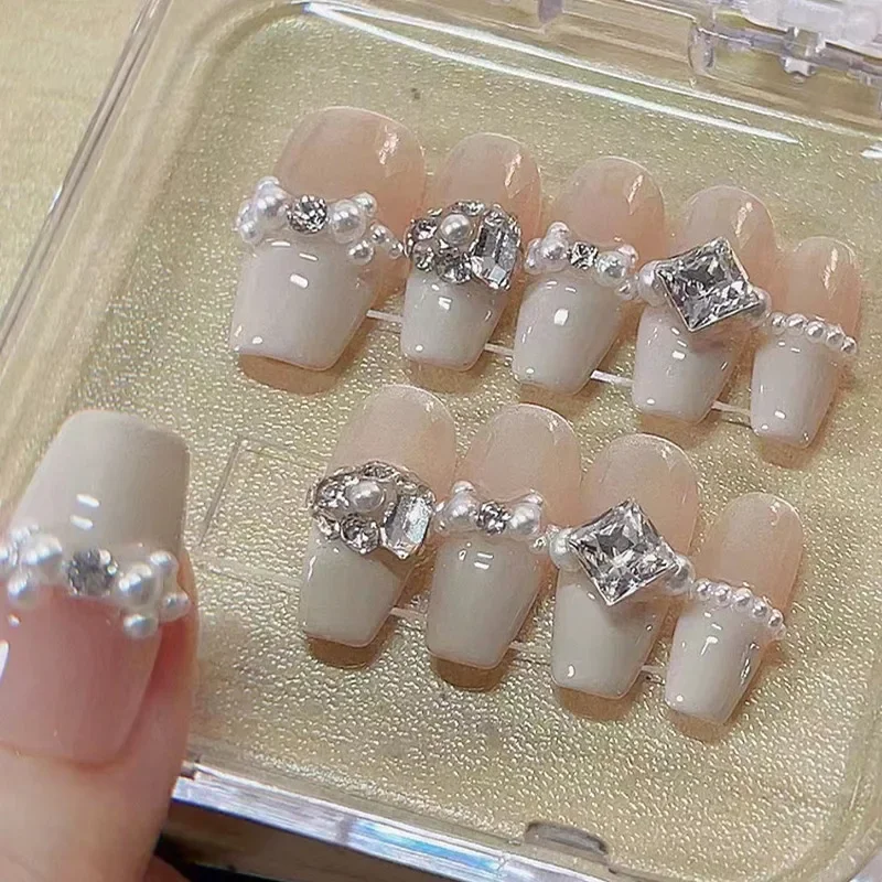 10Pcs Luxury Handmade Press On Nails Nude Fake Nail With Pearl Diamonds ...