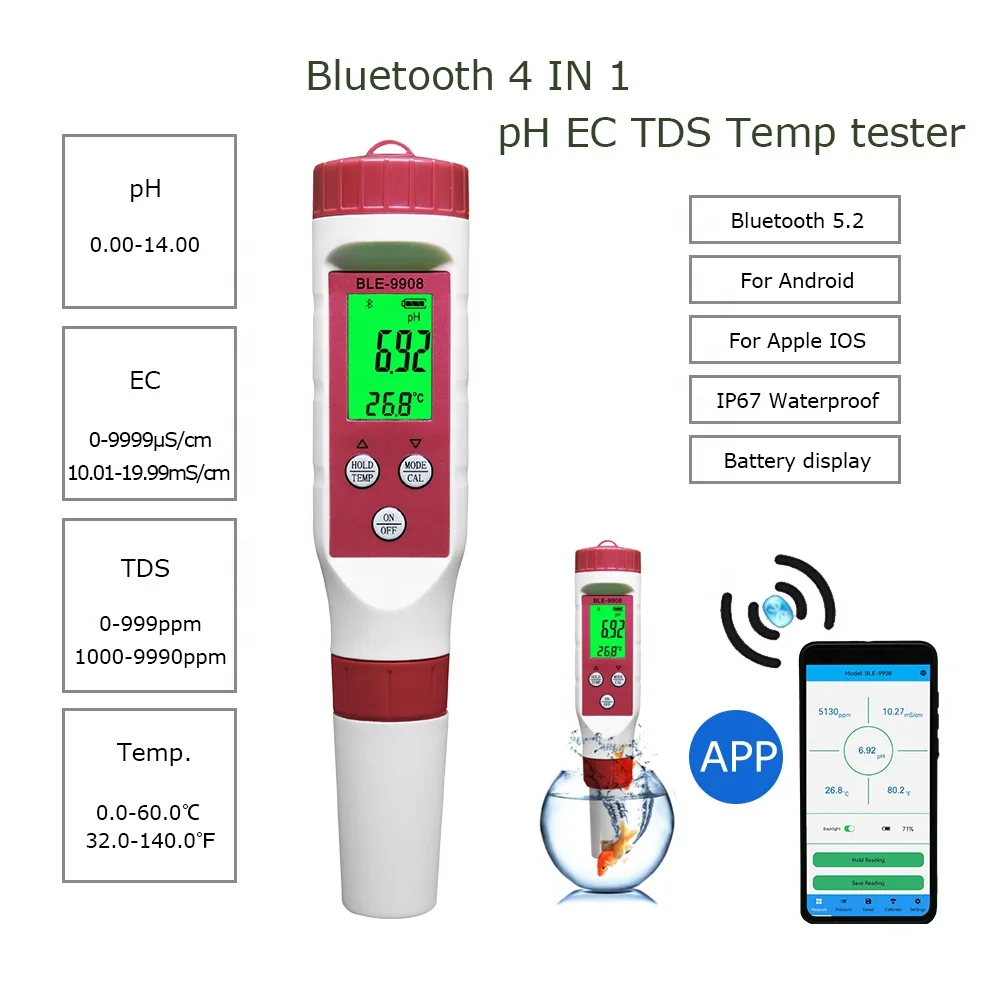 BLE-9908 Smart Bluetooth Portable Handle Water 4 in 1 PH TDS TEMP EC ...
