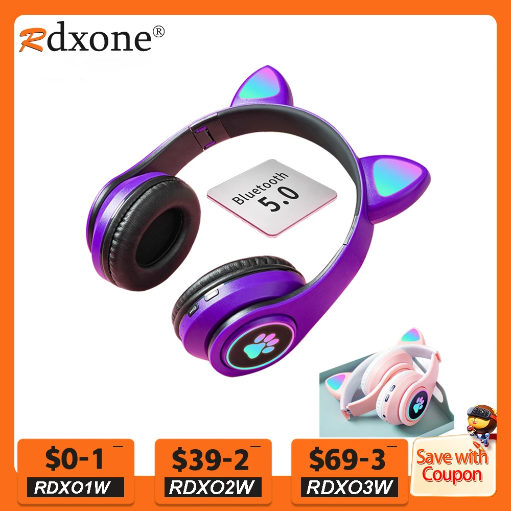 Wireless-Headset-Cat-Ears-Headphones-with-Mic-Blue-tooth-Glow-Light-PC ...