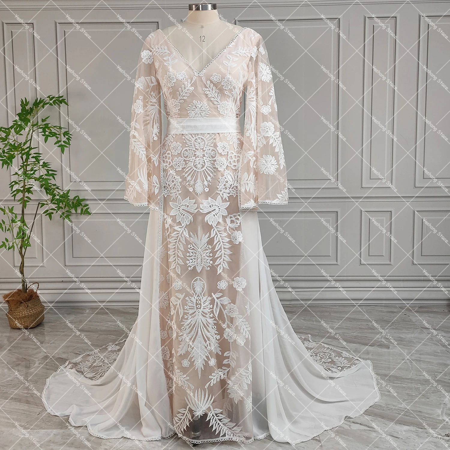 Customized Long Bell Sleeves Embroidered Wedding Dress Boho V Neck ...