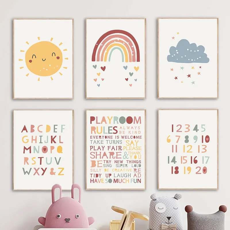 Modern Cute Sun Rainbow Cloud Canvas Poster Prints Alphabet Number Wall ...
