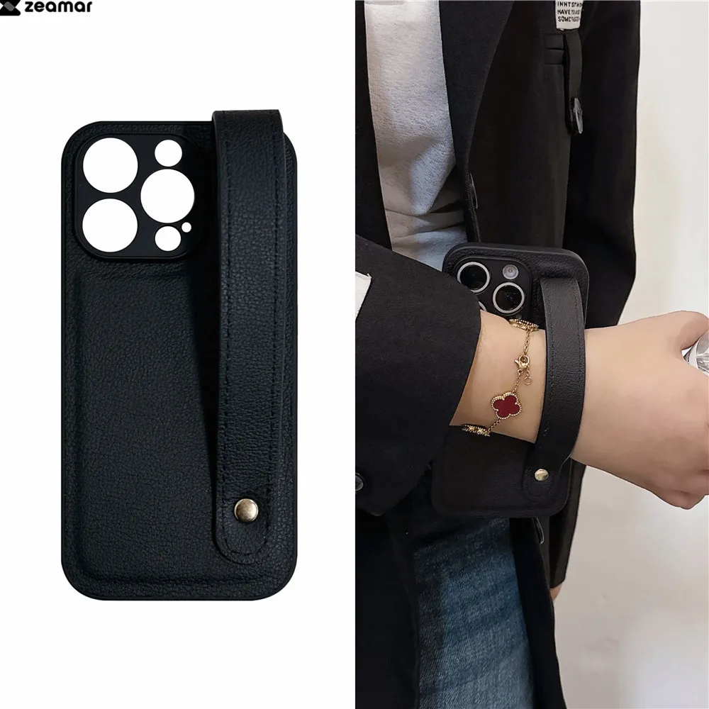 Leather Wrist Strap Bracket Holder Case For iPhone 17 16 15 14 Plus 13 ...